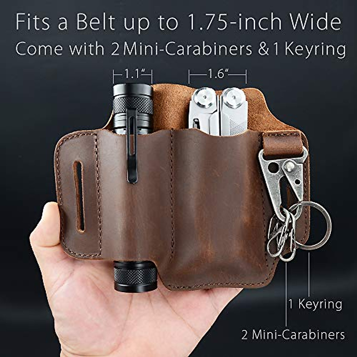XXL EDC Leather Sheath, Leather Knife Belt Sheath Organizer, Tool Pouch Sheath for Most Leatherman Multitools, Key Ring Holder Fob, Holster for 5 inch Knives, Fit Most Tactical Flashlights. Chestnut.