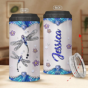 ZOXIX Dragonfly Can Cooler Tumbler With Name Customized 16oz 4-in-1 Beverage Can Holder Travel Cup Stainless Steel Insulated Jewelry Style Personalized Dragonfly Gifts For Women
