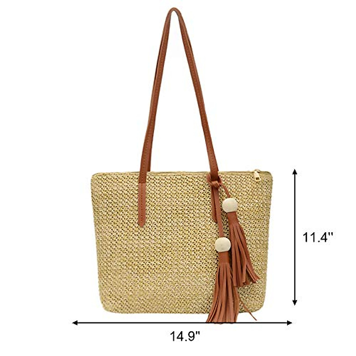 QTKJ Women Summer Straw Beach Bag Handwoven Big Tote Leather Shoulder Bag Handbag with Beaded Tassel Decorate (Khaki)