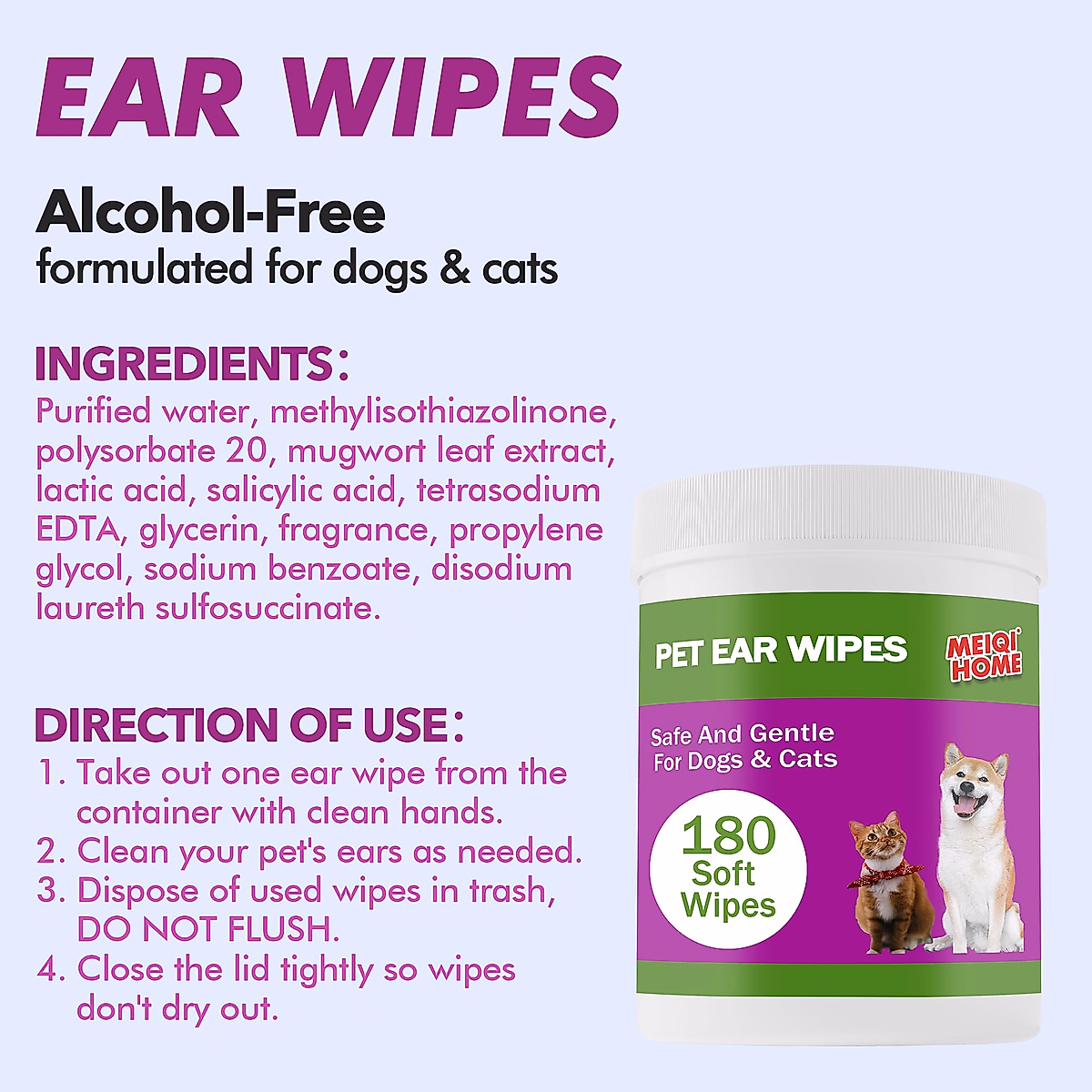 180 Count Dog Ear Cleaner Wipes ,Dog Ear Wipes ,Gently Remove Ear Wax, Debris ,Soothes & Relieves Ear Itching, Fresh Mugwort Scent, All Natural Ingredients,Safe & Gentle Ear Wipes for Dogs & Cats
