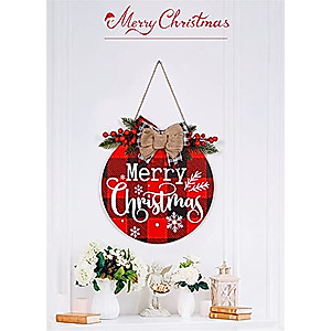 Boltigen Merry Christmas Decorations Sign Front Door Round Wooden Wreath Christmas Hanging Sign Decor for Christmas Home Window Wall Farmhouse Indoor Outdoor Decorations (Style 1)