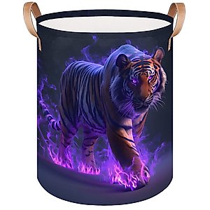 Flame Tiger Laundry Hamper, Tropical Tiger Dirty Clothes Hamper, Foldable Round Laundry Basket with Leather Handle Trim - Suitable for Office, Bedroom and Utility Room