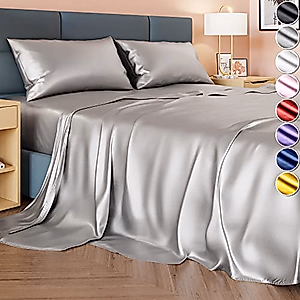 Satin Sheets Queen Size (4 Pieces, 8 Colors), Silky Satin Sheet Set -Satin Bed Set with 2 Pillowcase, Satin Fitted Sheet - Grey Satin Sheets, Satin Bed Sheets Queen Set, Satin Bedding Set