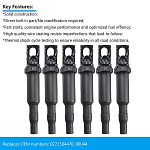 Ignition Coil Pack Set of 6 Replaces OE# 0221504470, Compatible with BMW 325i 328i 335i 525i 528i 530i 535i 545i 650i X3 X5 M5 M6 Z4 Mini Cooper and more