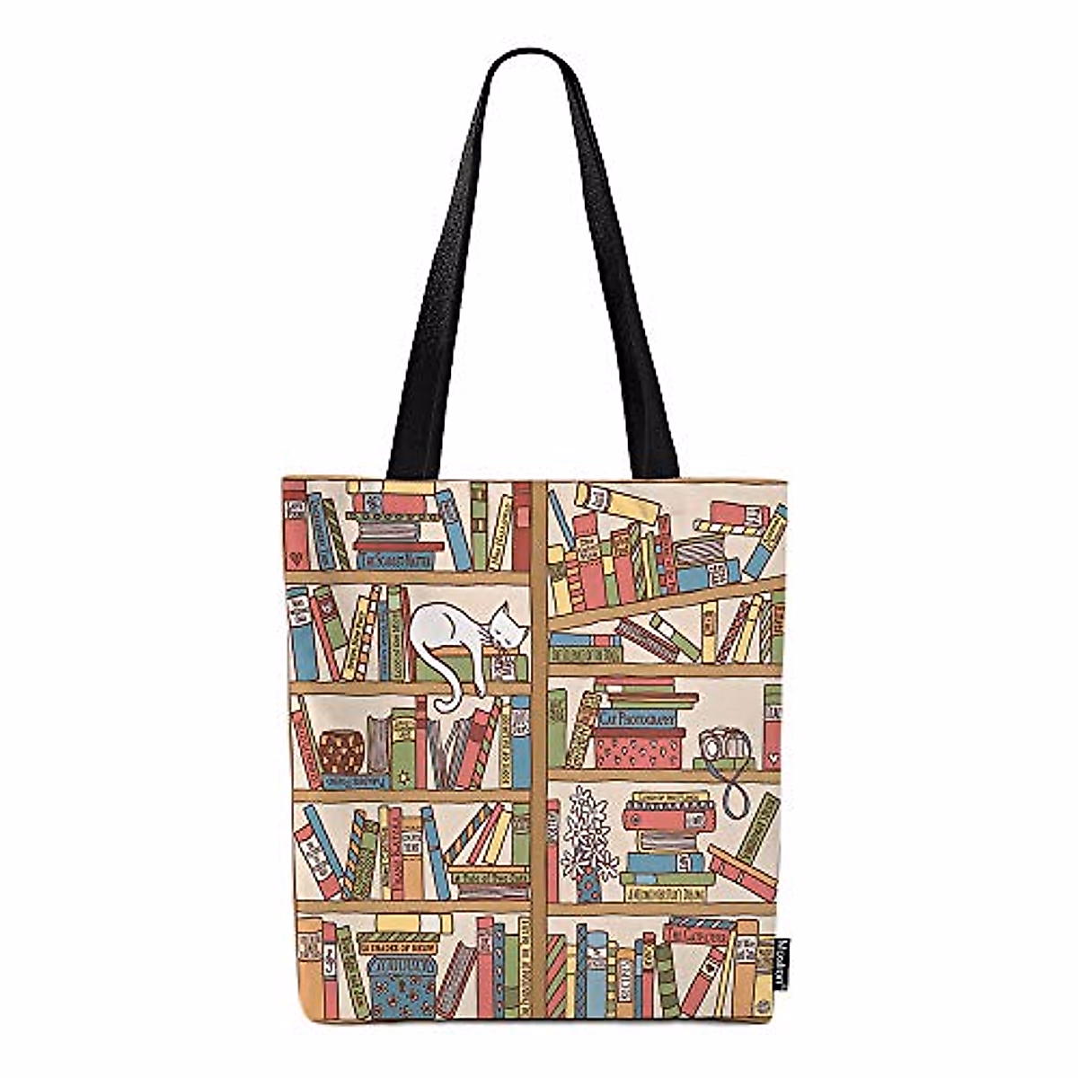 Moslion Book Tote Bag Cartoon Bookshelf with Cute Sleeping Cat Kitten in Library Canvas Bag Large Shoulder Handbag Reusable Shopping Bags for Women Girls School 15x16 Inch Brown