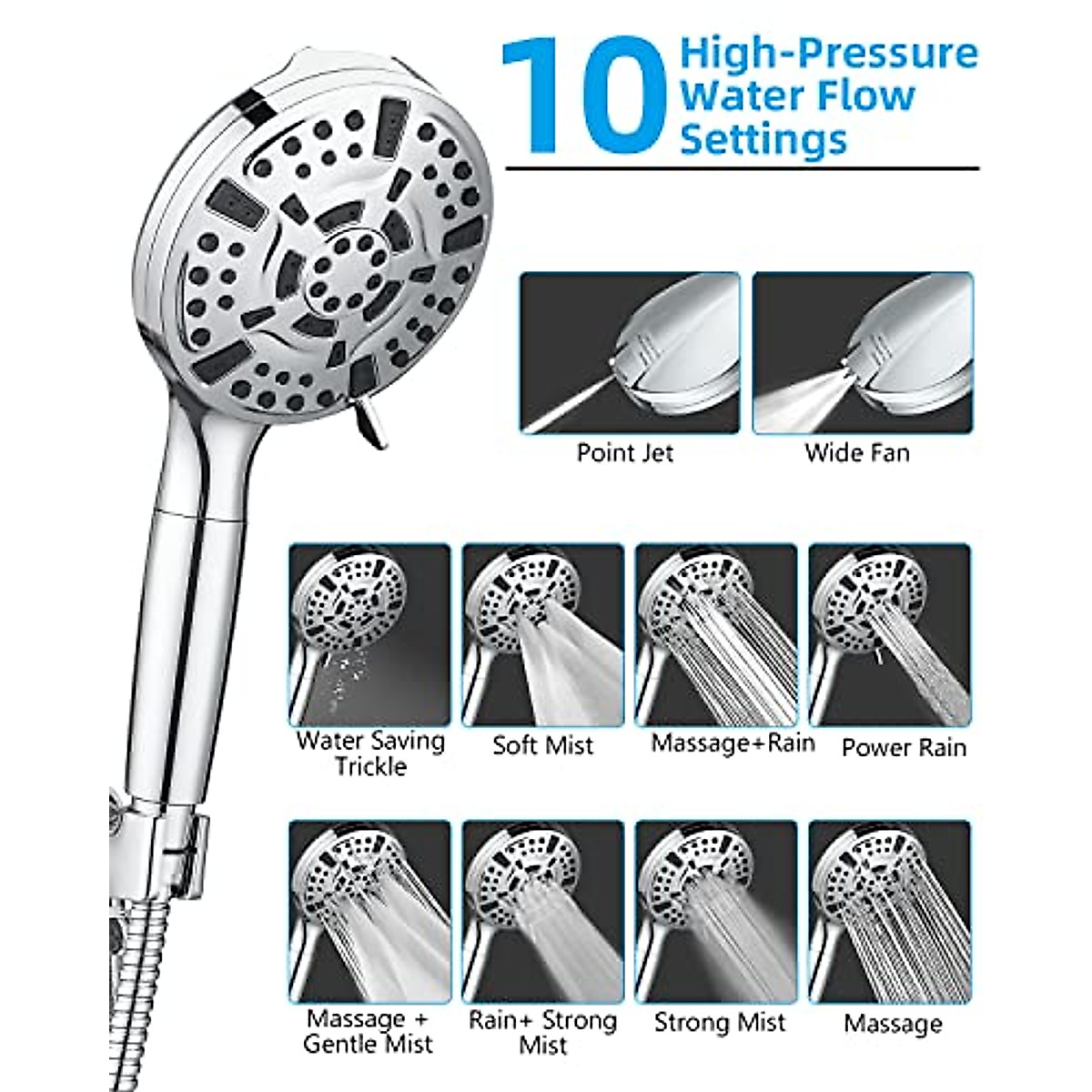 Shower head ushalhue hand held shower 10 Spray Mode High Pressure Showerhead,59.05" Stainless Steel Hose Adjustable Bracket Filter Shower Head, Remove Chlorine and Harmful Substance (silvery1)