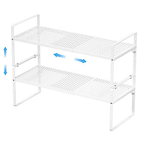 GEDLIRE Expandable Kitchen Cabinet Shelf Organizers 2 Pack, Stackable Metal Pantry Storage Shelves Rack, Adjustable Counter Shelf for Cabinets, Countertop, Cupboard Organizers and Storage, White