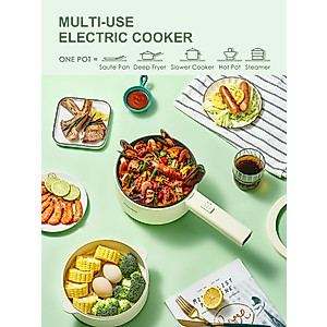 Hot Pot Electric With Steamer, 1.6L Ramen Cooker Non-Stick Sauté Pan for Steak, Egg, Fried Rice, Ramen, Oatmeal, Soup, Portable Personal Perfect Suit Dorm Room and Apartment (White)