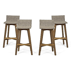 GDFStudio Outdoor Wood & Wicker Barstools (Set of 4), Light Brown and Teak
