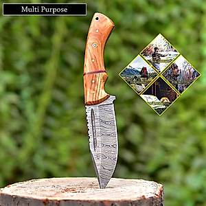 BG Knives Handmade Damascus Steel Hunting Fixed Blade Knife With Leather Sheath, Olive Wood Handle - 9.75" Length Full Tang Multipurpose Knife K-152