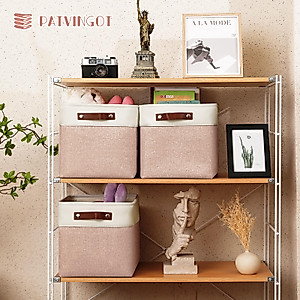 Patvingot Collapsible Fabric Cube Storage Bins 11x11×11, Pack of 6 Closet Basket Boxes with PU Handles for Organizing Shelves, Toys, Clothes, Home, Office,Laundry,Office(White&Pink)