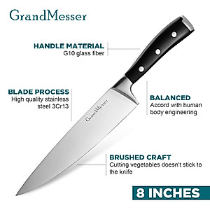 GrandMesser Chef Knife, 8 Inch Professional Kitchen Knife, High Carbon Steel Ultra Sharp Chef's Knife, with Ergonomic ABS Handle Triple-riveted and Gift Box.