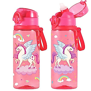 Cute Water Bottle for School Girls Boys, Soft Silicone Straw & BPA Free & Leak Proof & Easy Clean, 24oz / 700ml - Fly Unicorn