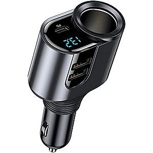LIHAN 4 in 1 Type C Car Charger,Cigarette Lighter Splitter,Dual USB Adapter,LED Voltage Display,127W fit for 12V/24V Auto Outlet,Compatible for iPhone, iPad,Samsung,LG,GPS