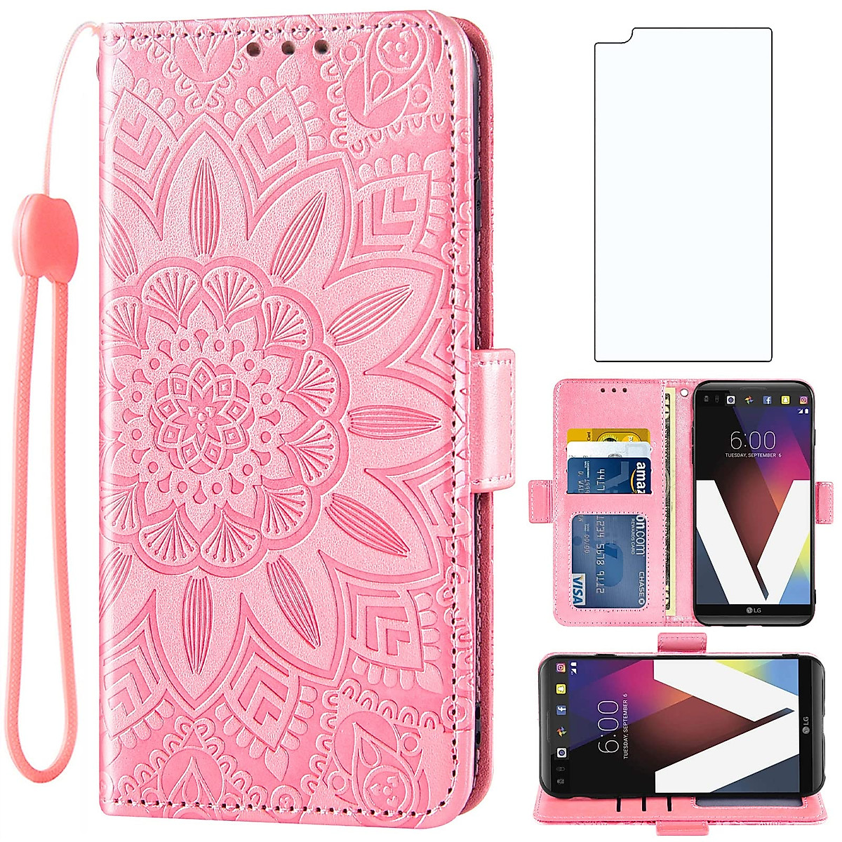 Asuwish Phone Case for LG V20 with Tempered Glass Screen Protector and Flower Leather Wallet Flip Cover Credit Card Holder Stand Cell Accessories LGV20 LG20 V 20 ThinQ Boys Girls Women Men Rose Gold