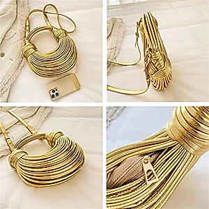 Woven Crossbody Bag for Women, Small Leather Clutch Purse, Knotted Bread Handbag, Top Handle Noodles Satchel Bag (Golden)