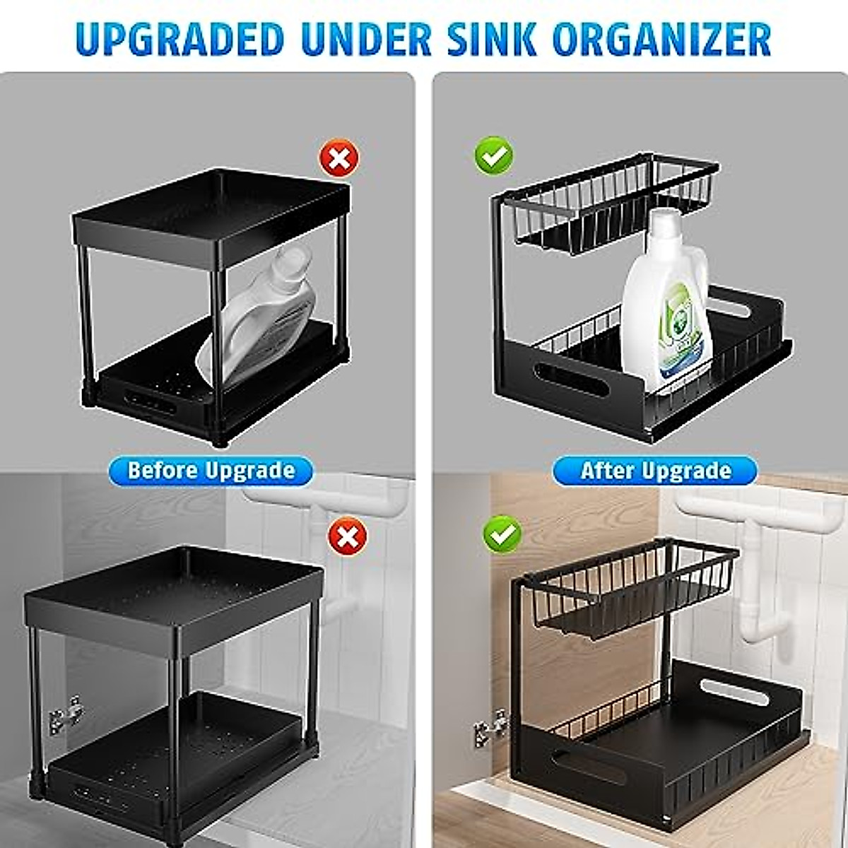 EastShark Fully Metal Under Sink Organizers and Storage with Sliding Drawer Bottom, 2 Tier L Shaped Sturdy & Heavy-Duty Kitchen Bathroom Cabinets Shelves, Pull Out Cabinet Organizer