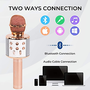 JMFinger Karaoke Microphone for Kids and Adults, Wireless Portable Handheld Bluetooth Microphone with LED Lights - Best Gifts (Rose Gold)