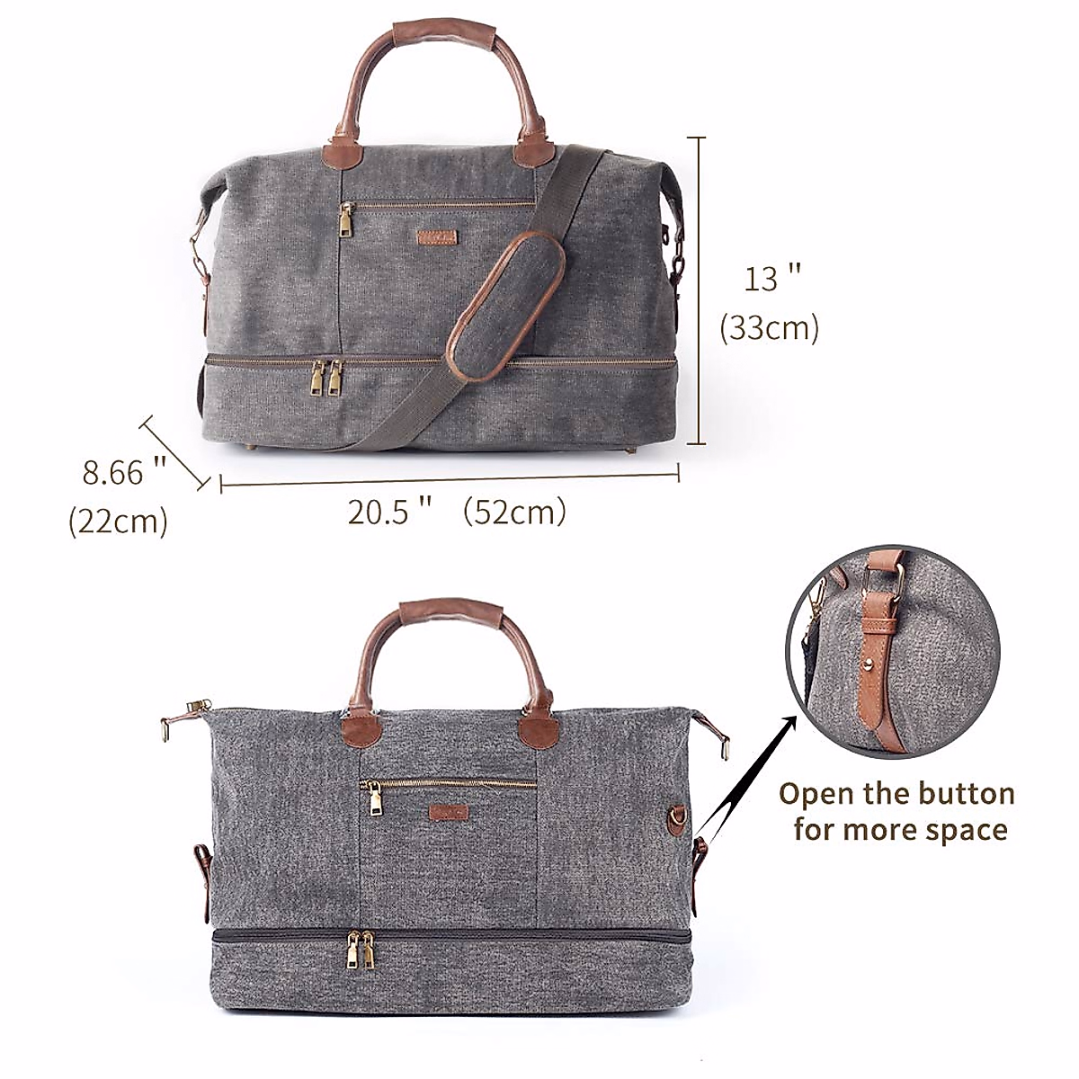 MyMealivos Canvas Weekender Bag, Overnight Travel Carry On Duffel Tote with Shoe Pouch (Grey)