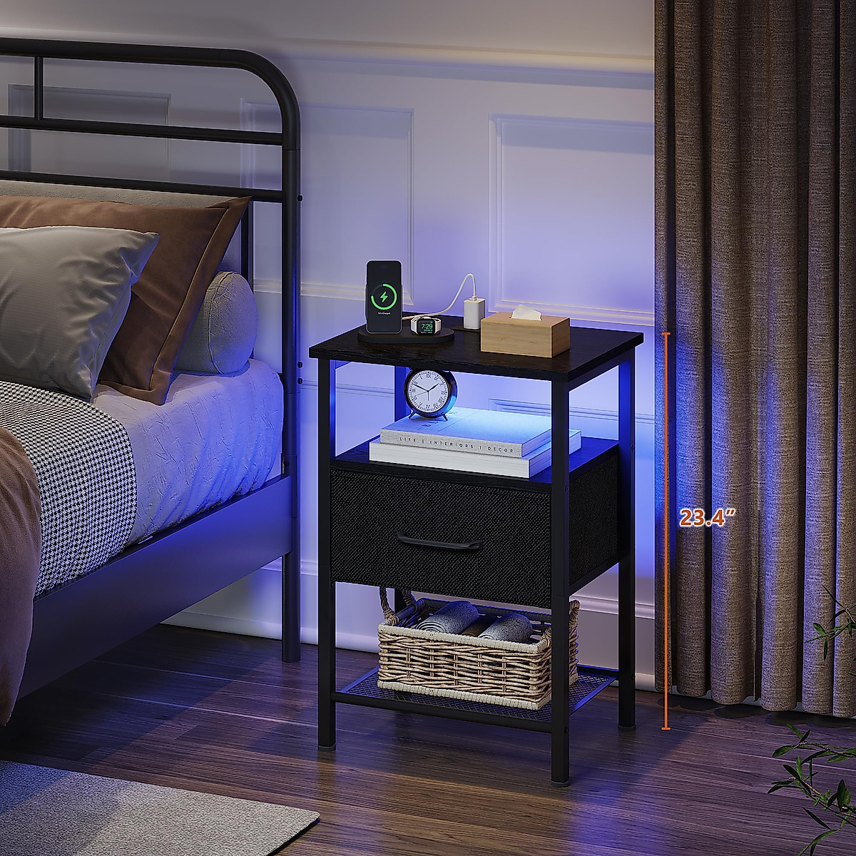 TRIFEBLE Night Stand Set 2, End Table with Charging Station, LED Bedside Table with Fabric Drawer for Bedroom, 3-Tier Side Table with Open Shelf, Black