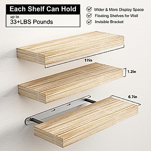 BOFIRE Wall Shelves, Floating Shelves for Wall, Wall Mounted Wood Shelves for Bedroom Laundry Living Room, Solid Wood Display Shelves Decor (Wood, 17 Inches)