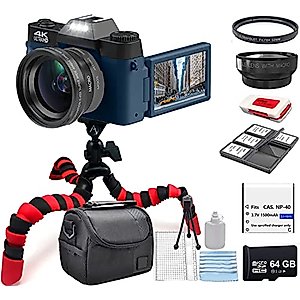 Acuvar 4K 48MP Digital Camera Kit for Photography, Vlogging Camera for YouTube with Flip Screen, WiFi, Wide Angle & Macro Lens, 64GB Micro SD Card, 12" Flexible Tripod, Carrying Case, Card Reader