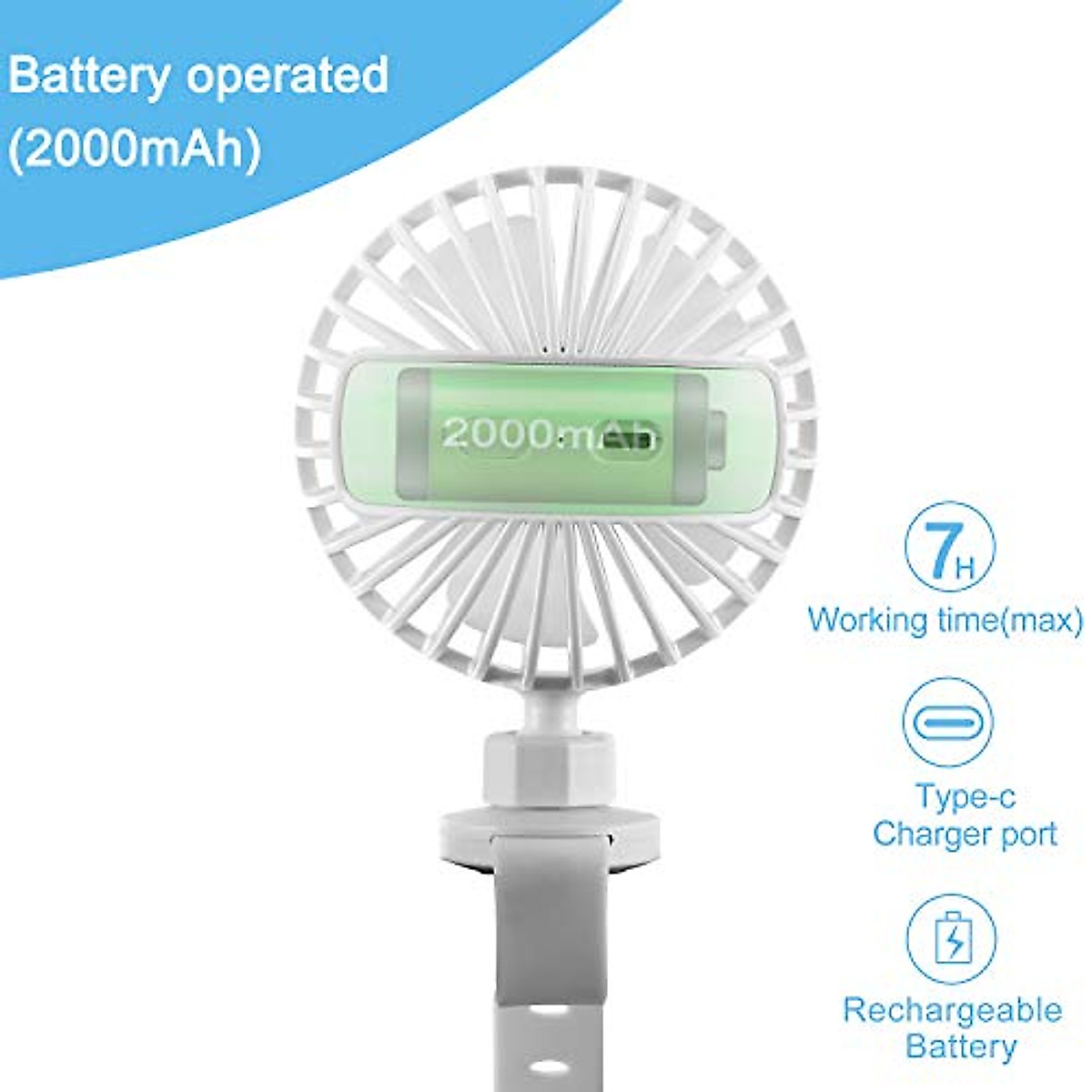 INNOLV Stroller Fan Clip on for Baby, Battery Operated Fans Portable Mini Handheld with Battery Powered and Flexible Silicon Strap,3 Speeds Personal Fan for Car Seat,Bike/Camping(White)
