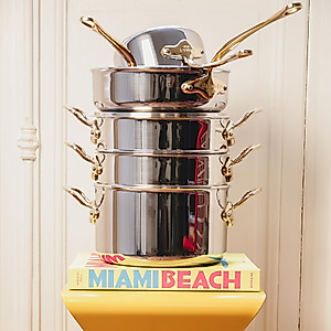 Mauviel M'Cook B 5-Ply Polished Stainless Steel Sauce Pan With Lid, And Brass Handle, 2.6-qt, Made In France