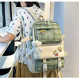 SAMAHBOE Kawaii Backpack set 5 Pcs School Backpack Cute Aesthetic Backpack Set Aesthetic School Bags Cute Bookbag with Badge& Plush Pendan,Shoulder Bag,Pencil Box,Tote Bag,Small Bag