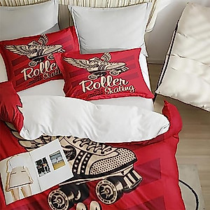 Duvet Cover Queen Size, Vintage Racing Red Exercise Bedding Set with Zipper Closure for Kids and Adults, America Gray Roller Comforter Cover with 2 Pillow Shams for Bedroom Bed Decor
