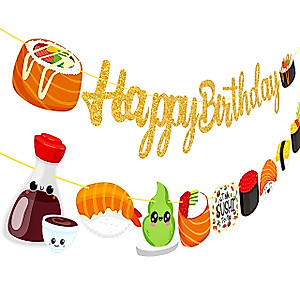 Sushi Happy Birthday Party Banners 2Pcs Glitter Sushi Garland Banners Let's Roll Sushi Party Cutout Banners Japanese Sushi Party Decorations for Sushi Theme Baby Shower Supplies