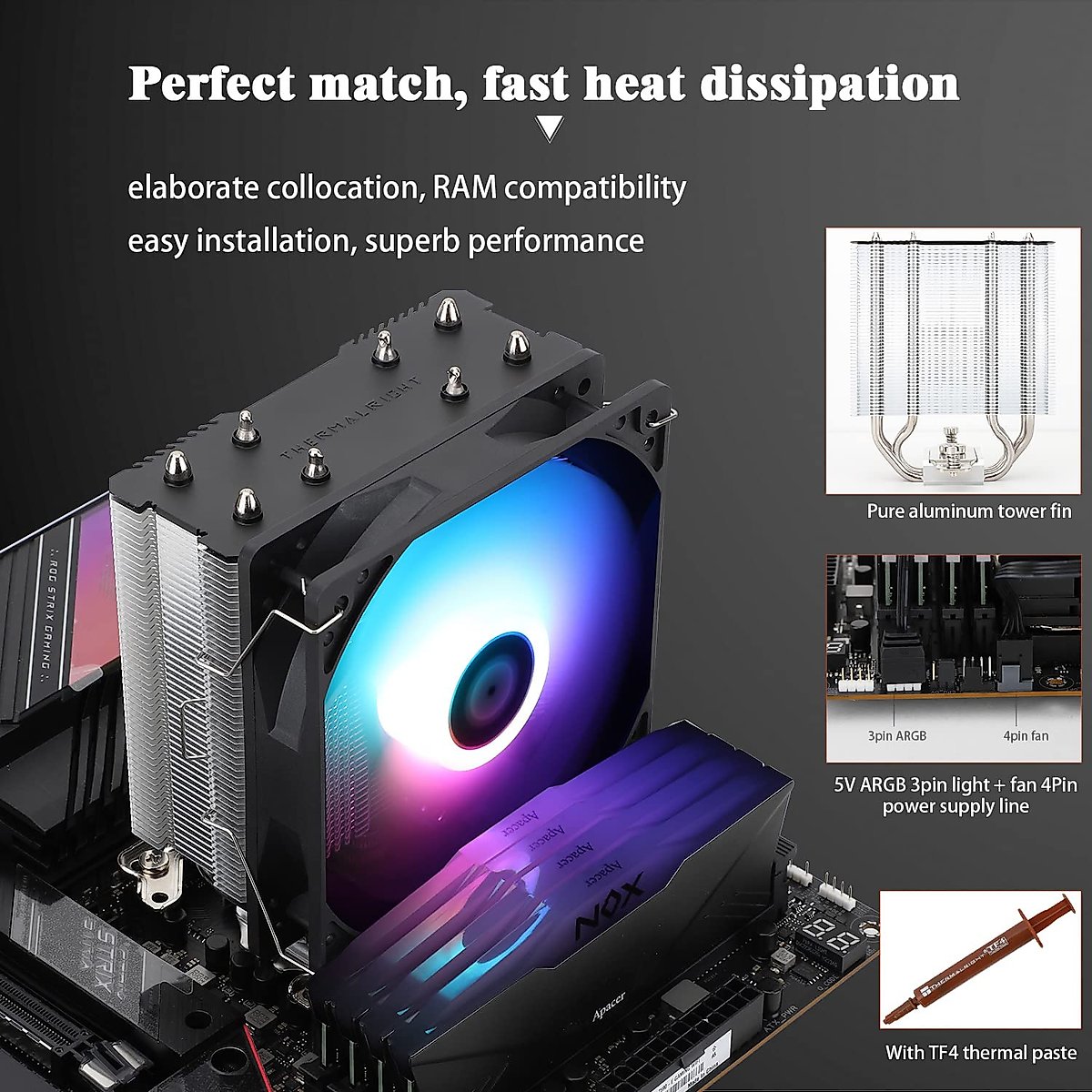 Thermalright AssassinX120 R SE ARGB CPU Air Cooler, AX120 R SE ARGB, 4 Heat Pipes, TL-C12C-S PWM Quiet Fan CPU Cooler with S-FDB Bearing, for AMD AM4/AM5 Intel 1700/1150/1151/1200, LGA1700