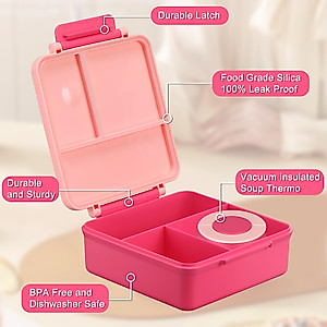Bento Lunch Box for Kids with 8oz Soup Thermo&Lunch Bag, Leak-Proof Lunch Food Containers with 4 Compartment, Hot Food Insulated Food Jar for Kids School (Pink)