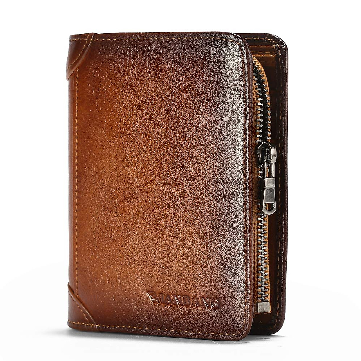 MANBANG Mens Wallet Zipper Genuine Leather RFID Card Holders Cowhide Zip Coin Pocket Bifold wallets for men Brown(anti-theft brush) (Brown)