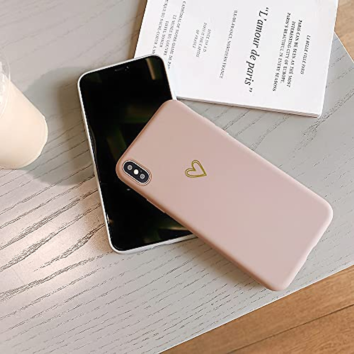 Ownest Compatible for iPhone Xs Max Case for Soft Liquid Silicone Gold Heart Pattern Slim Protective Shockproof Case for Women Girls for iPhone Xs Max Case-Brown