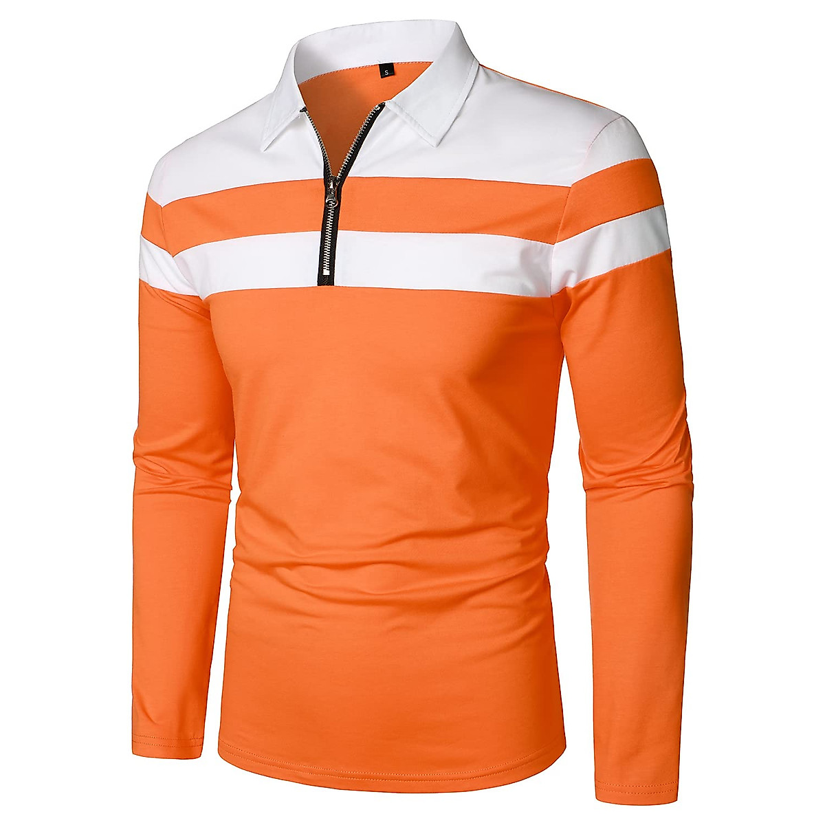 HOOD CREW Men’s Long Sleeve Polo Shirt Casual Slim Fit Shirts Contrast Color Patchwork T Shirts Cotton Tops Orange XXL