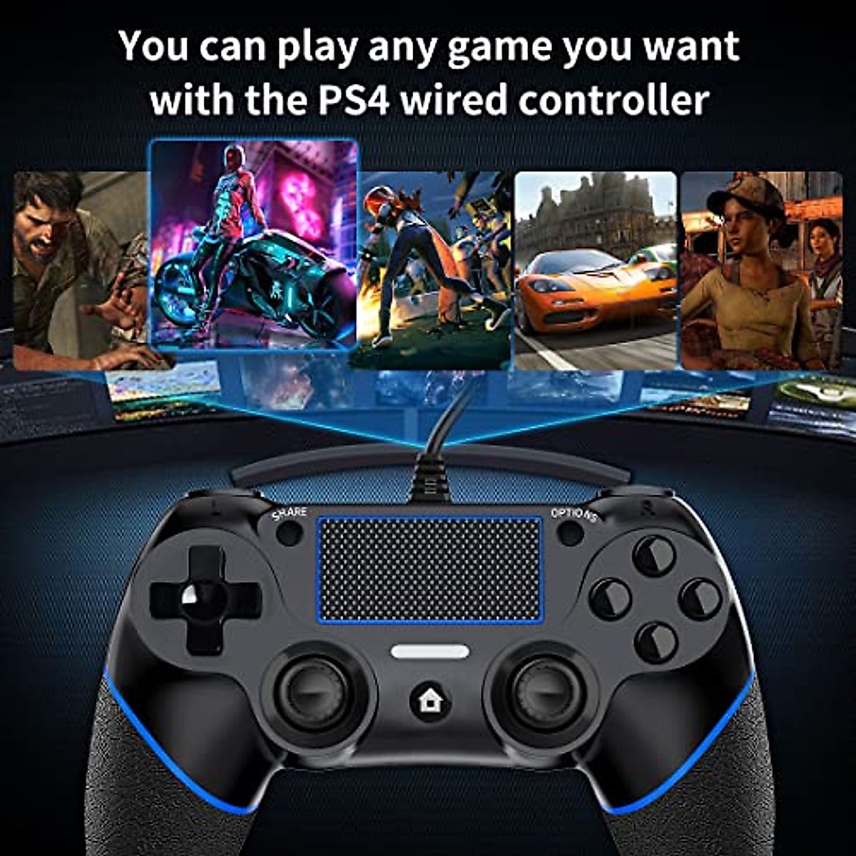 cicilogic Wired PS-4 Controller for PC/Play-Station 4/Pro/Slim and Windows 10/8/7, For PS-4 Wired Controller with Double Vibration Shock and Motion Motors, Professional USB Wired PS4 Controller
