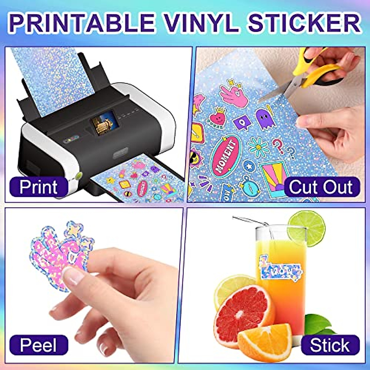 72 Sheets Holographic Sticker Paper with Gem Star A4 Size Printable Holographic Laminate Sheets Vinyl Star Sticker Paper Self Adhesive Waterproof for Ink Jet Laser Printer, 8.27" x 11.7"