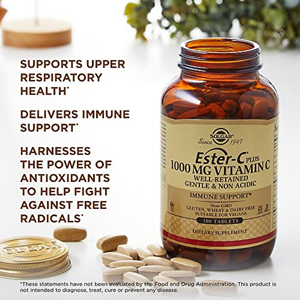 SOLGAR Ester-C Plus 1000 mg Vitamin C (Ascorbate Complex) - 180 Tablets, Pack of 2 - Gentle & Non Acidic - Supports Upper Respiratory Health - Non-GMO, Gluten Free - 360 Total Servings