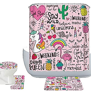 Amagical Cute Unicorn Ice Cream Pineapple Cherry and Other Items Pink Decor 16 Piece Bathroom Mat Set Shower Curtain Set Bath Mat Contour Mat Toilet Cover Shower Curtain 12 Hooks (Pink)