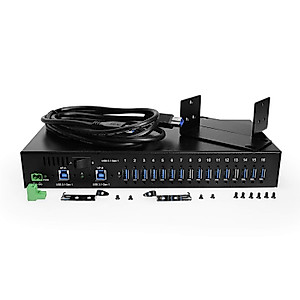 16 Port USB 3.2 Hub with Dual Upstream Ports, Surge Protection, Screw Lock, Rack & DIN Rail Mounting