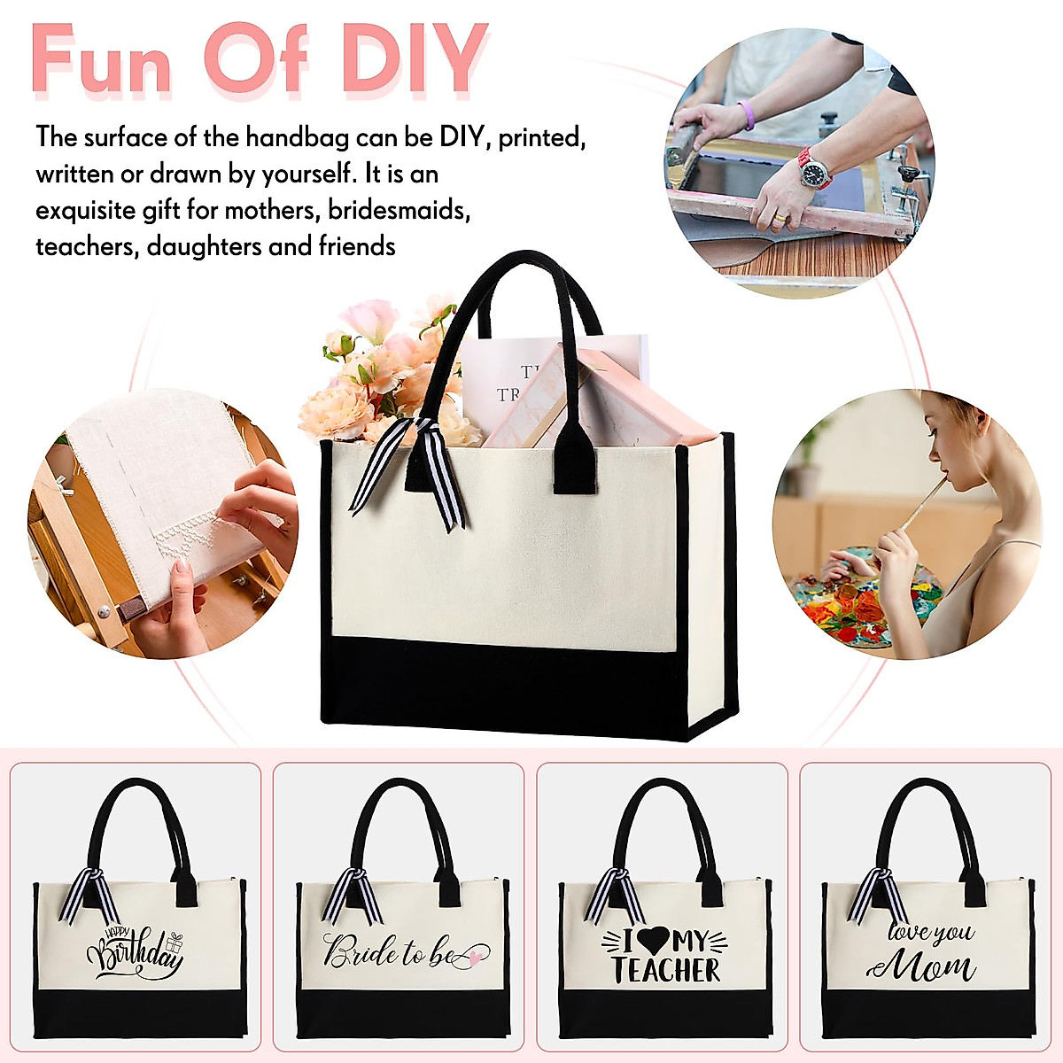 Sweetude 20 Pcs Canvas Beach Bag Initial Classic Present Bag for Women DIY Personalized Canvas Tote Bag for Wedding Bridal Bridesmaid Birthday Beach Holiday(Natural White)