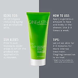 CANE + AUSTIN Face + Body Glycolic Acid Scrub Treatment, Exfoliating Cleanser with AHA to Hydrate, Smooth & Clarify Skin, For use on Combination and Oily Skin, 6.7 fluid ounce