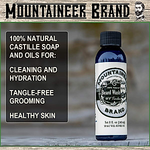 Mountaineer Brand Beard Wash For Men | 100% Natural Beard Shampoo | Thick Cleaning Softening Lather for Hair and Skin | Hydrate and Detangle | Grooming Treatment | WV Pine Tar Scent 4oz