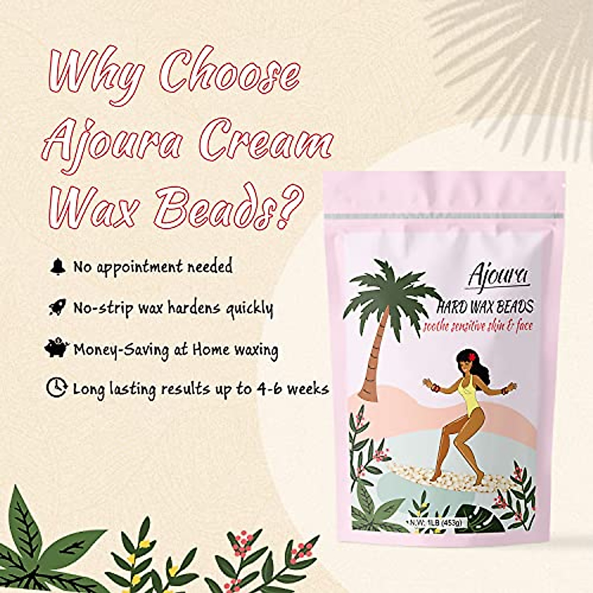 Hard Wax Beads, Ajoura 1lb Refill Wax Beans for Hair Removal Kit, Brazilian Coarse Waxing for Bikini, Face, Eyebrow, Back, Chest, Legs, Armpit, At Home Waxing Beads for Women Men