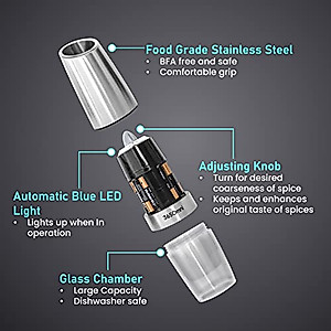 365Omni Gravity Electric Pepper and Salt Grinder Set – Adjustable Coarseness with LED Light – Battery Powered One Hand Automatic Operation – 2 Stainless Steel Mills for Indoors or Outdoors