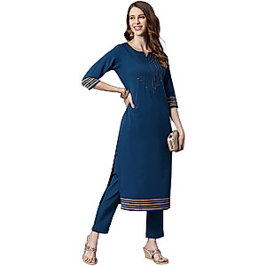 Janasya Kurta Set for Women Teal