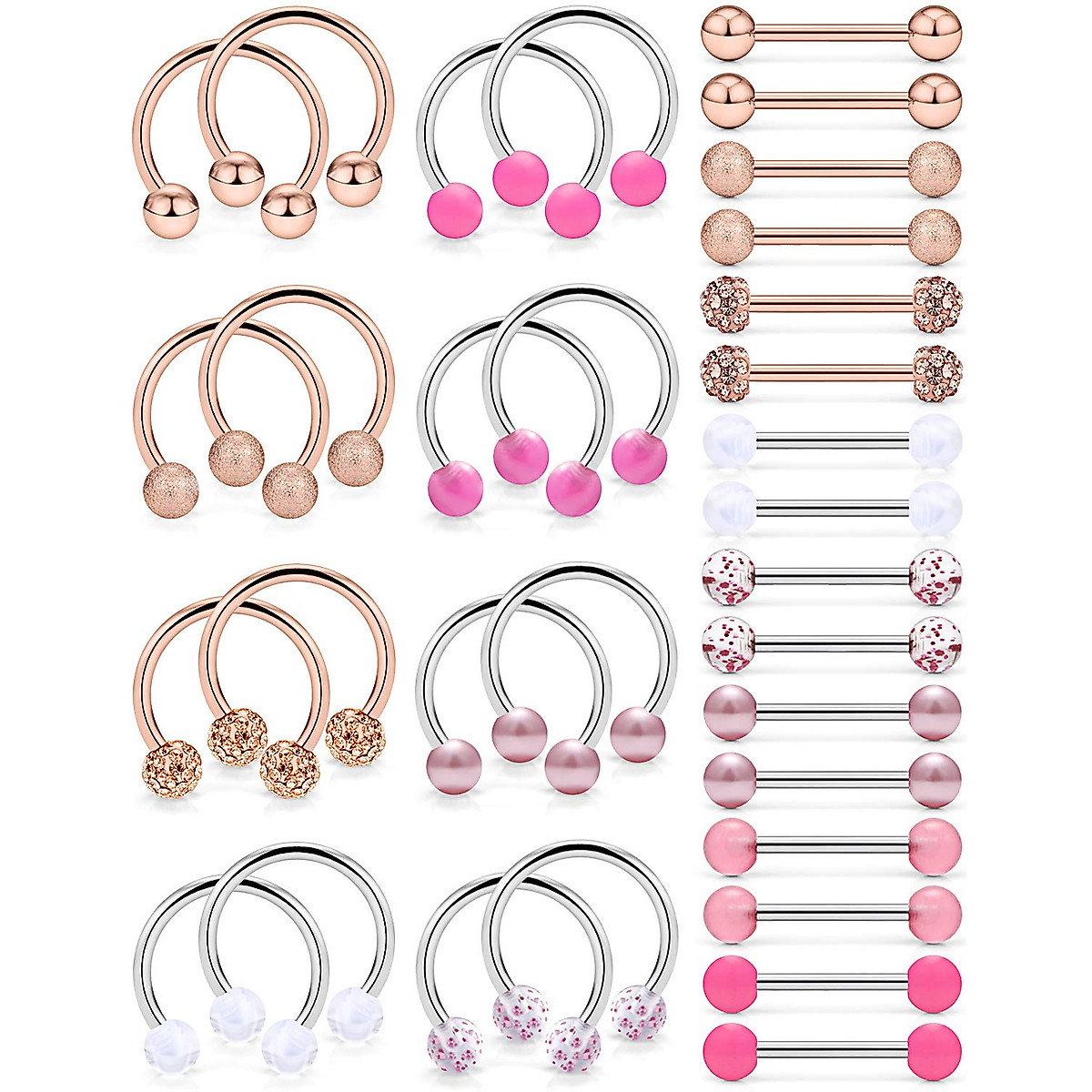 Ftovosyo 32Pcs Nipple Rings 14G Surgical Steel Tongue Nipplerings Barbell Bar Hoop Ring Piercing Jewelry for Women Men 14mm Rose Gold Pink Glow in The Dark Externally Threaded Ball