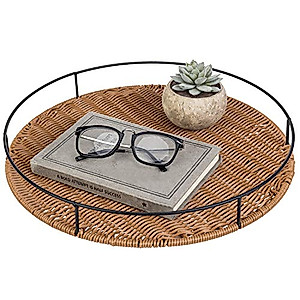 MyGift 15 Inch Round Brown Woven Rattan Decorative Serving Display Tray with Metal Frame Handles