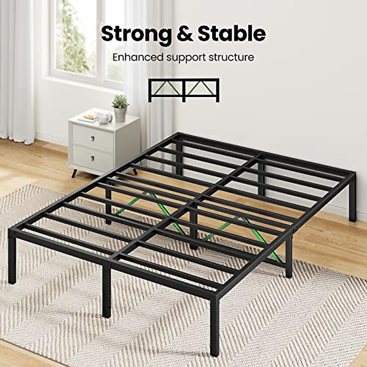 Marsail Bed Frame Queen Size, 14 Inch Metal Platform Bed with Enhanced Support Structure & Enclosing Edges, Metal Bed with Large Storage Space, 1400 lbs Max Weight, No Box Spring Needed, MSBFQ01